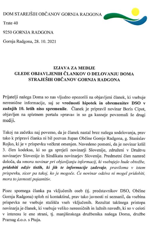 Izjava za medije - Dom starejših občanov Gornja Radgona d.o.o.