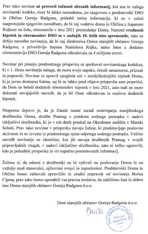 Izjava za medije - Dom starejših občanov Gornja Radgona d.o.o.